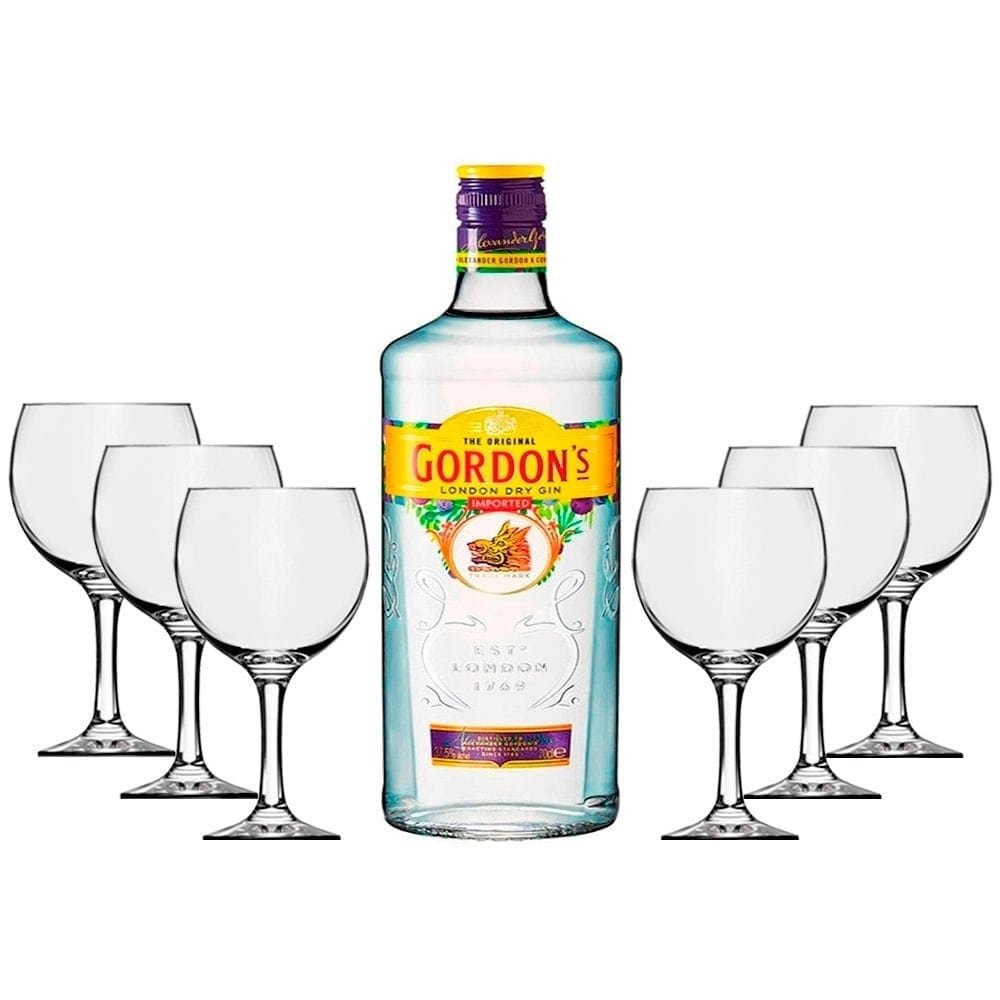 Kit : Gin Importado Gordon's 750Ml + 6 Taca Nadir Gin Tonica 7948 600ml ...
