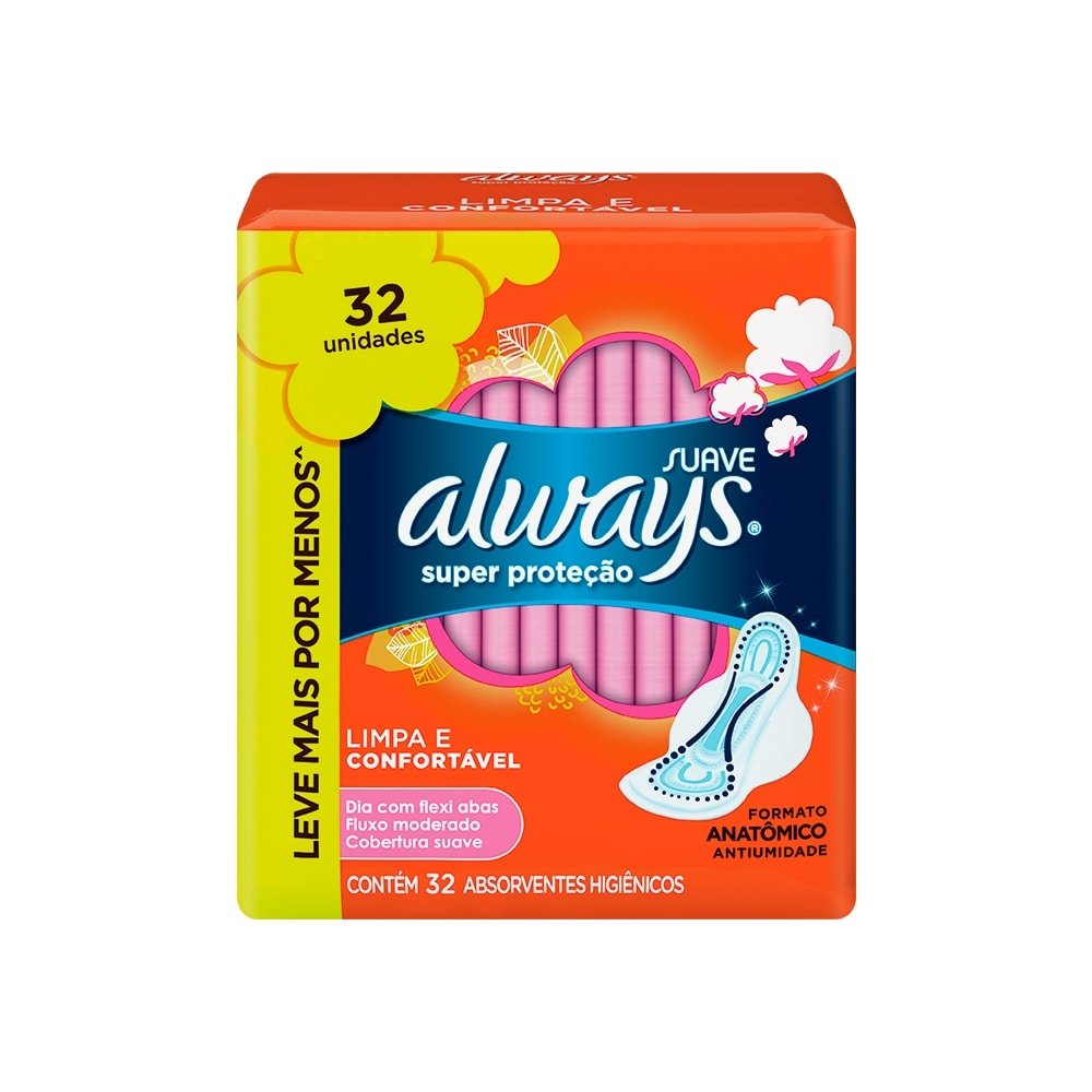 Absorvente Always Super Proteção Suave Com Abas – Embalagem c/ 32 ...
