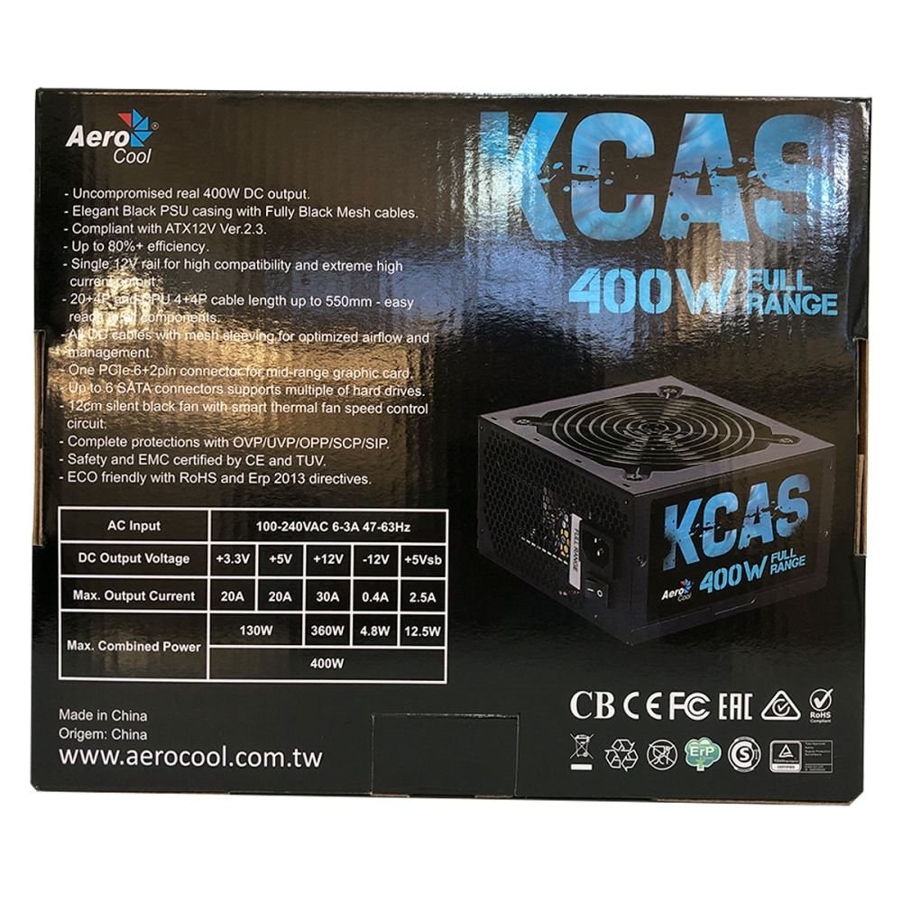 Fonte Gamer Aerocool KCAS 400W 80 Plus White Full Range PFC Ativo | eFácil