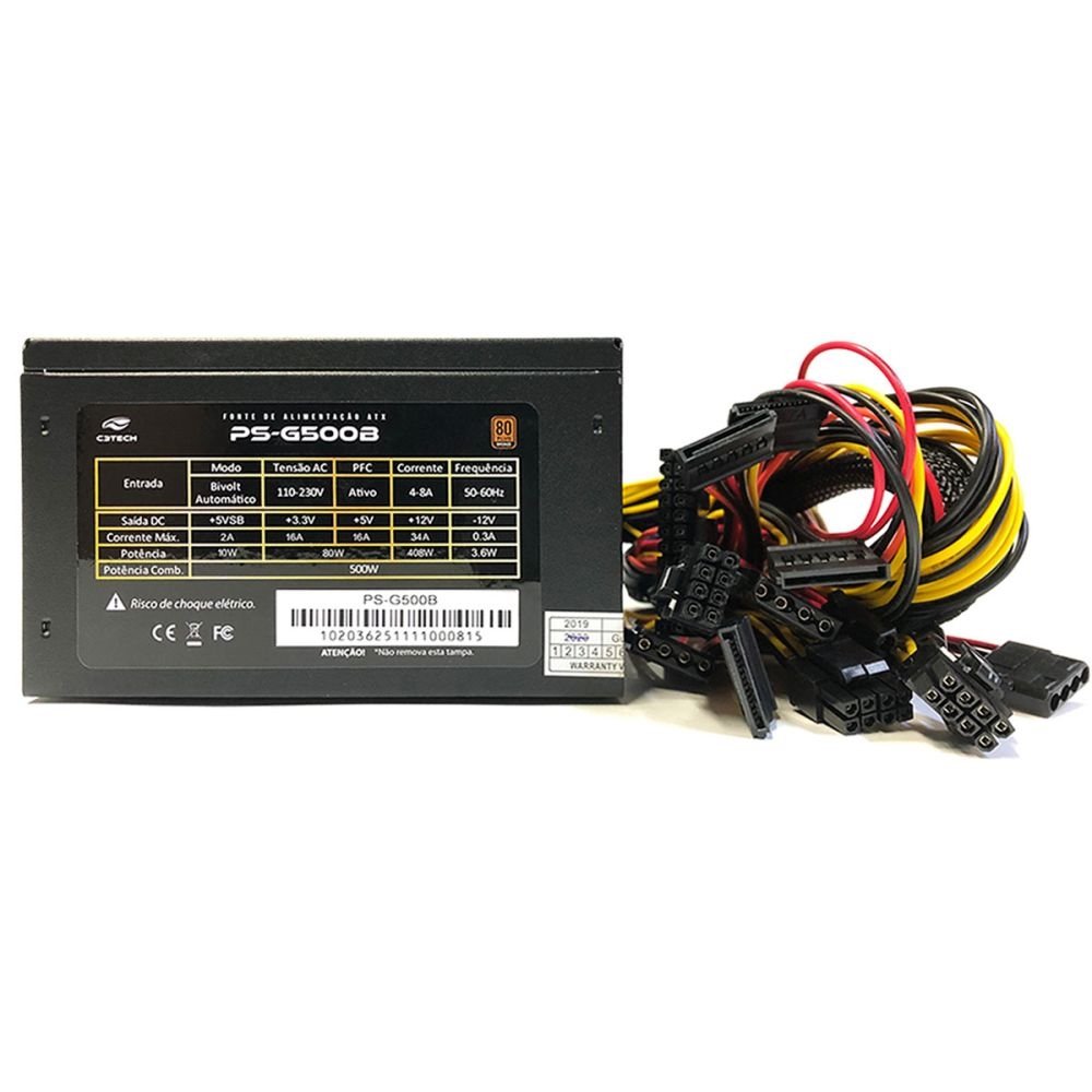 Fonte Gamer C3Tech PS-G500B, 500W Real, 80 Plus Bronze, PFC Ativo ...