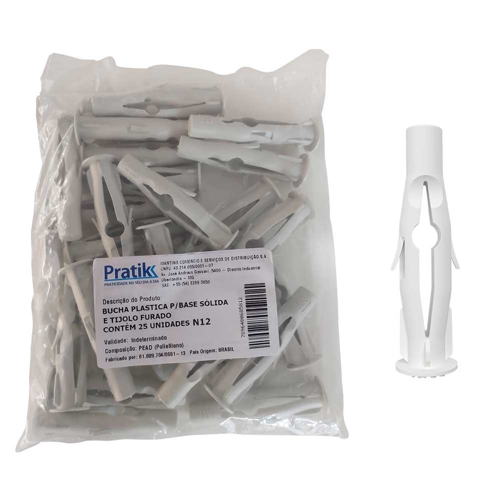 Bucha Plástica Fixação Pratik Base Sólida para Tijolo Furado N12 Branco ...