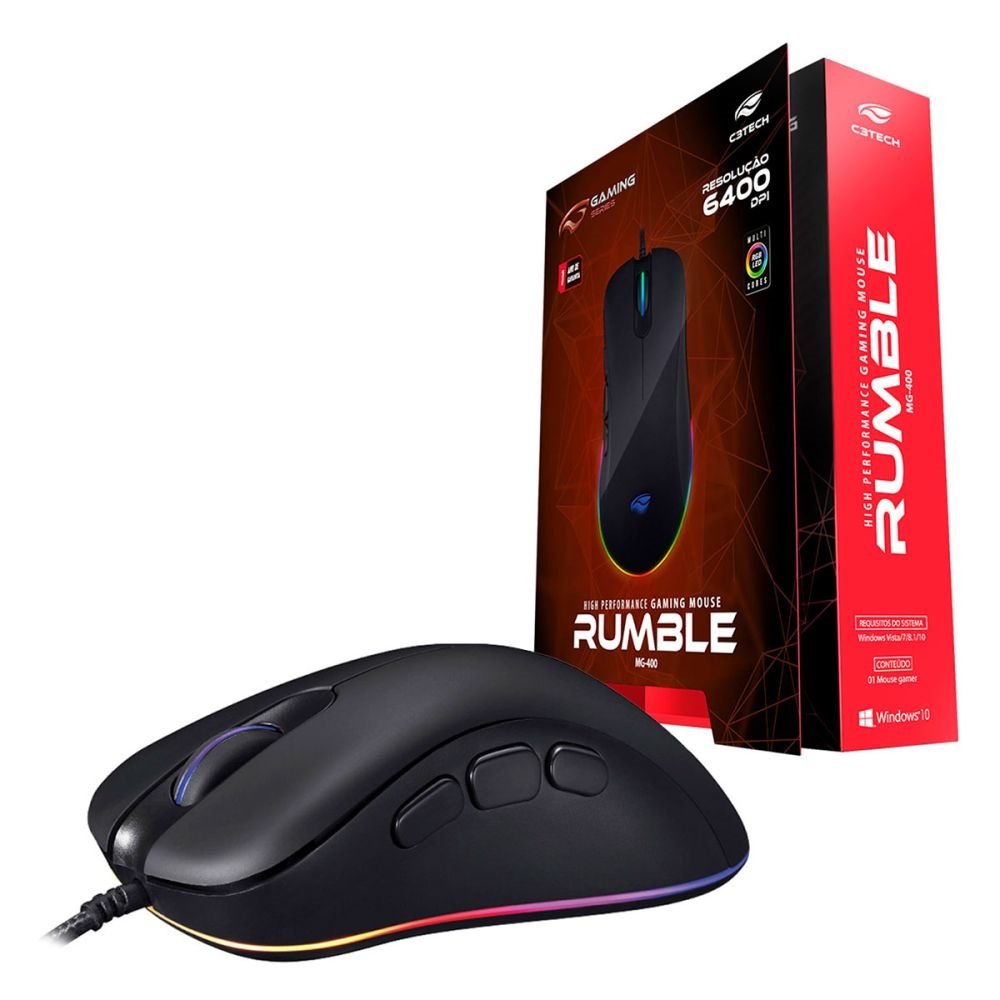 Mouse Gamer C3Tech Rumble MG-400BK, USB, RGB, 6400DPI, Preto | eFácil