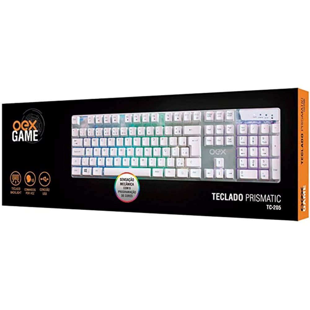 Teclado Gamer OEX Prismatic, ABNT2, RGB, Branco - TC205 | eFácil