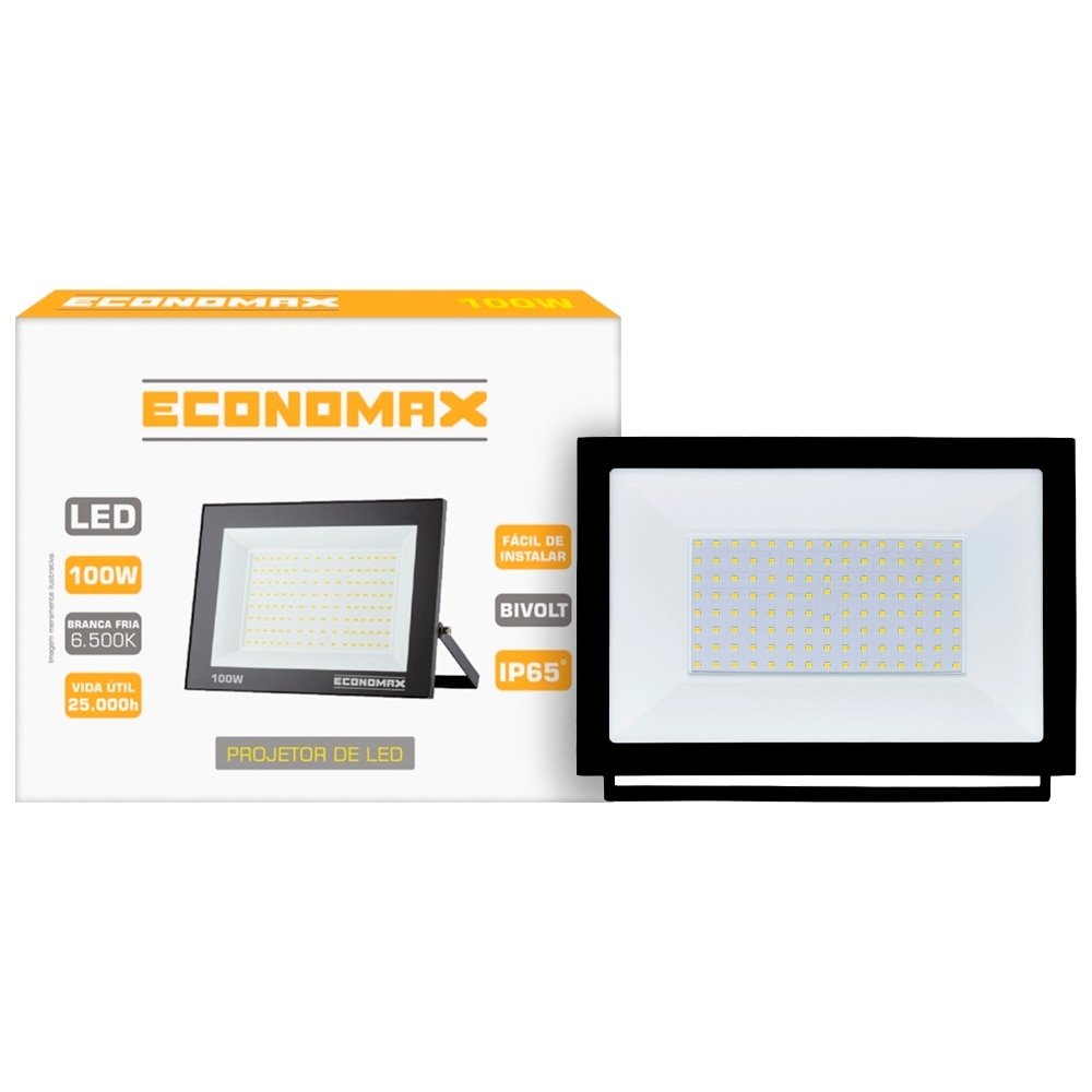 Refletor Economax Led 100W Slim Preto 6,5K 6000H | eFácil