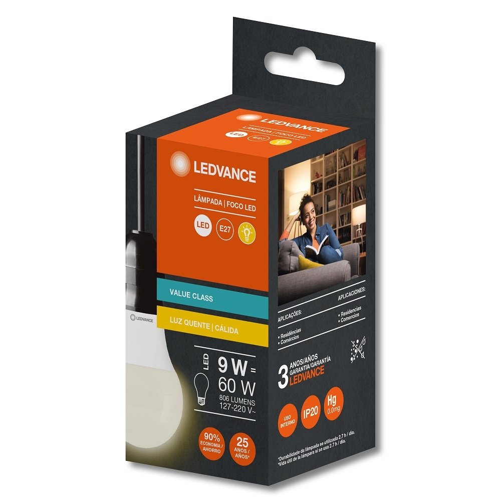 Lâmpada LED Ledvanced 9W 806 Lumens 3,0K 25000H E27 Normatizada Amarela ...