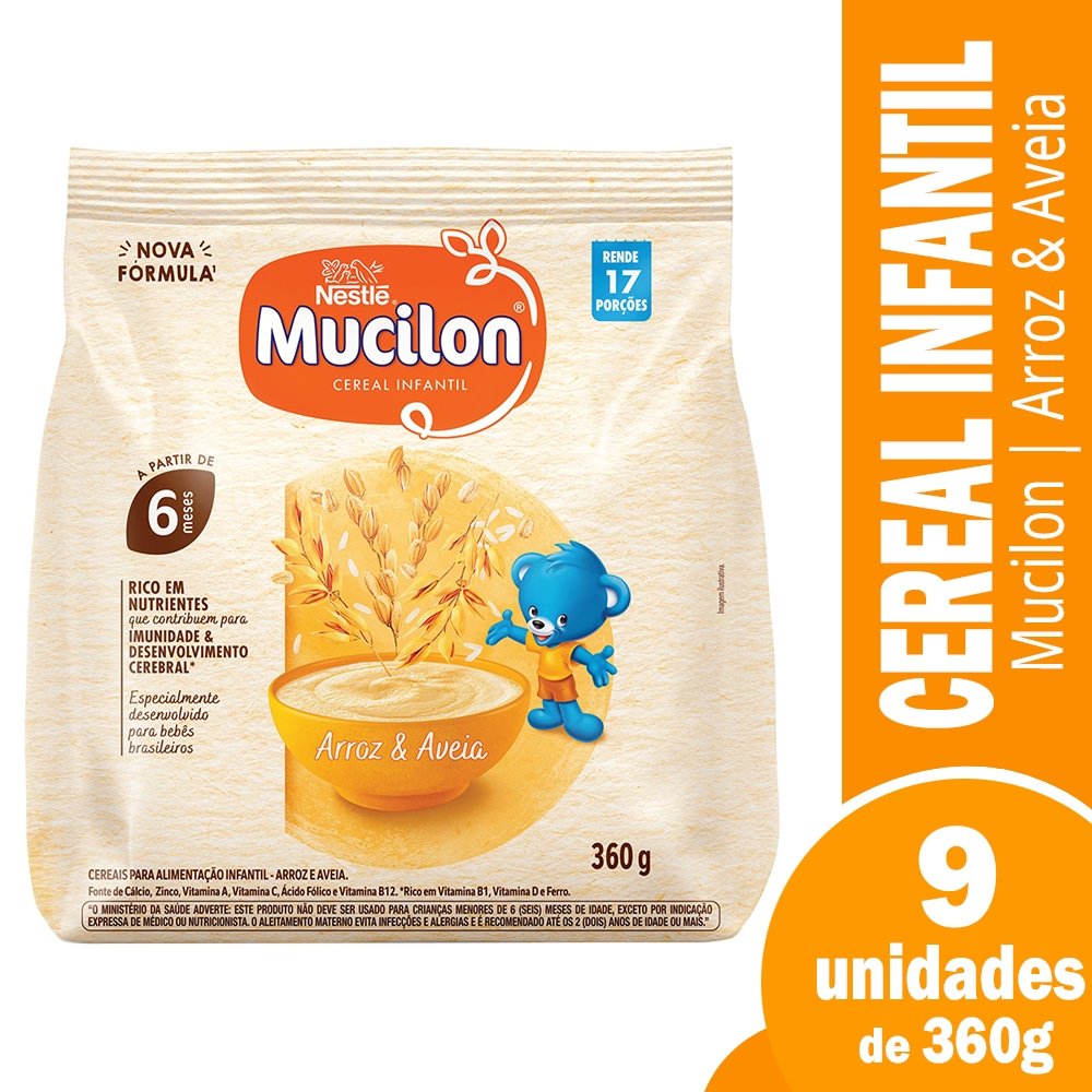 Cereal Infantil Mucilon de Arroz e Aveia 360g Embalagem com 9 Unidades ...