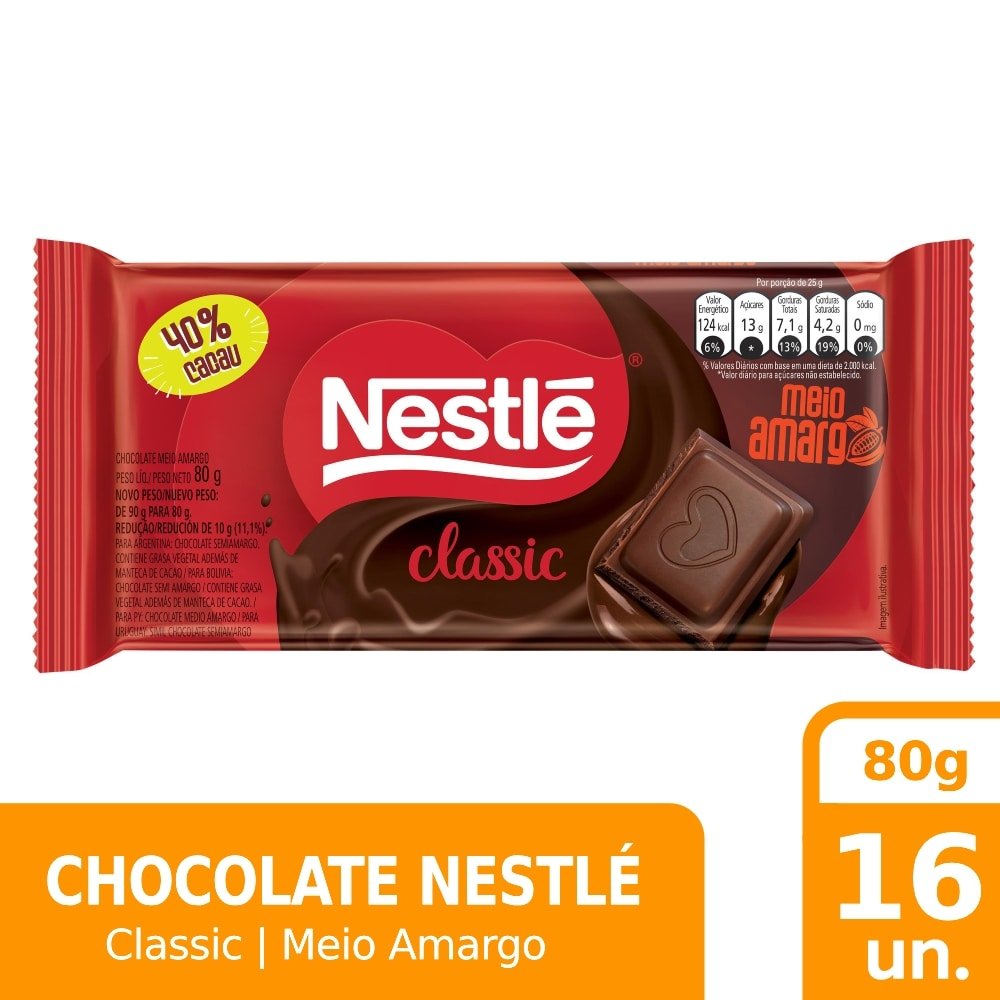 Chocolate Nestlé Classic Meio Amargo 80g - Embalagem com 16 Unidades ...