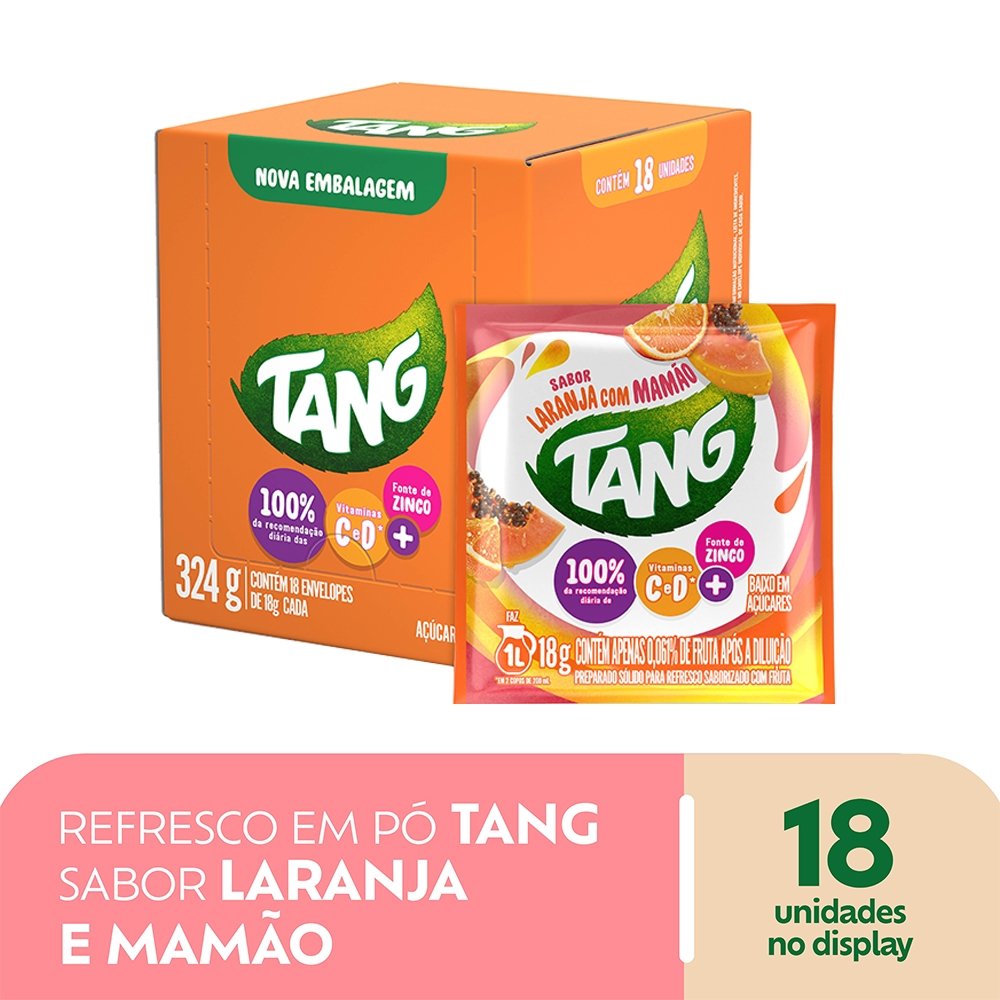 Refresco em Pó Tang Laranja e Mamão 18g - Embalagem com 18 Unidades ...